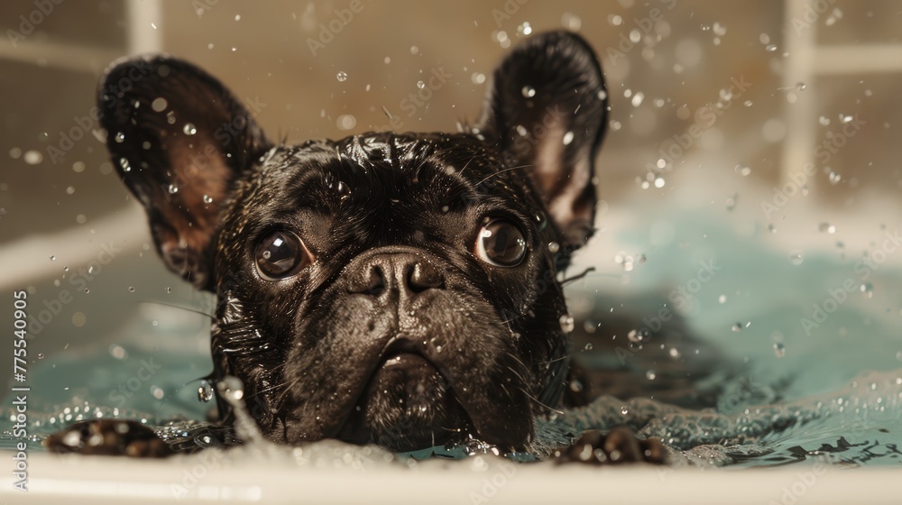 A French bulldog trying to escape a bath or playfully splashing water ...