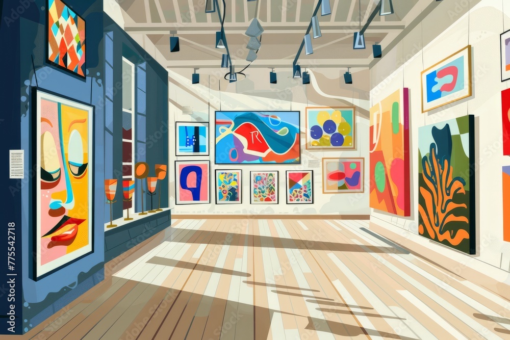 Cartoon cute doodles of a student art exhibition, with colorful ...