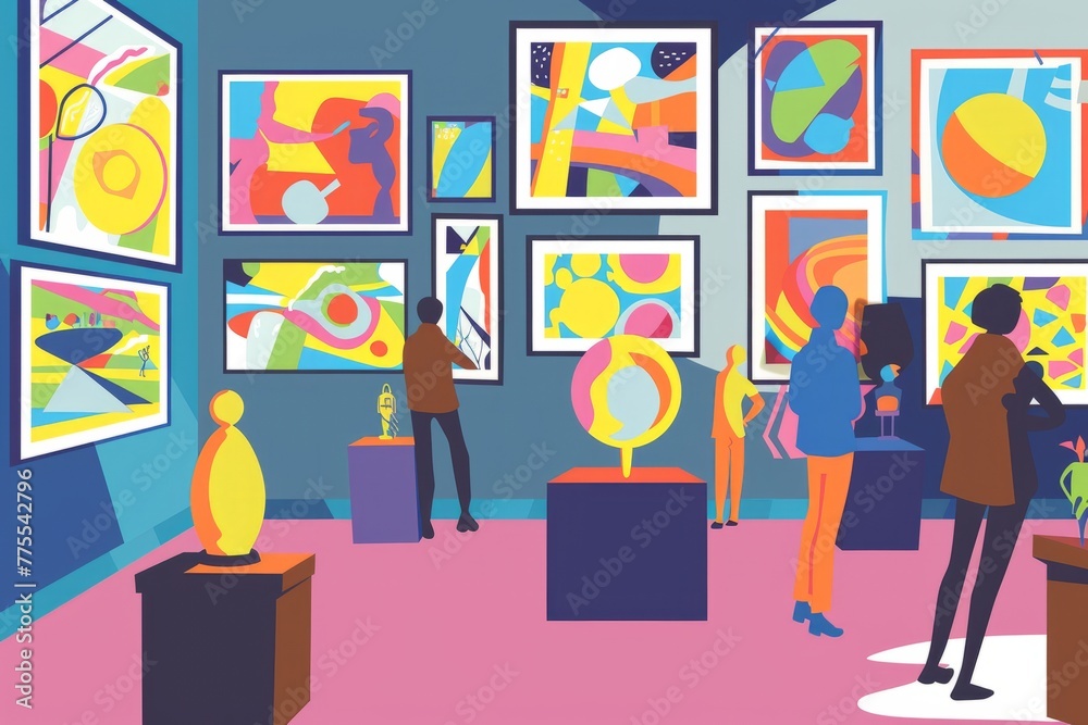 Cartoon cute doodles of a student art exhibition, with colorful ...