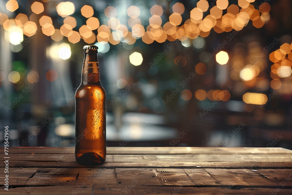 beer bottle on a classic wooden table, vintage bokeh bar background ...