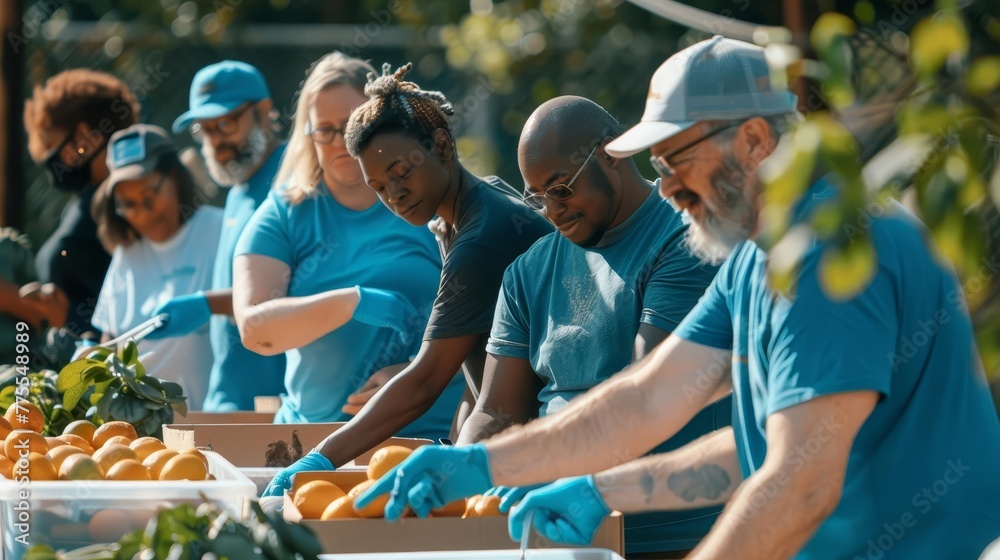 Diverse group of volunteers working together at local food bank ...