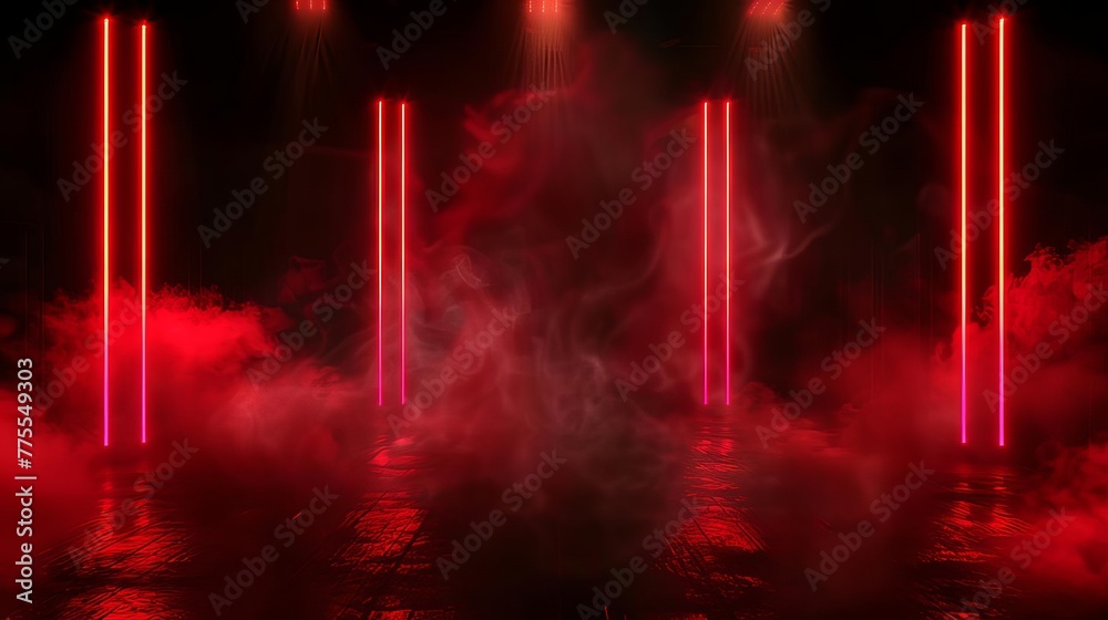 Dramatic dark stage with red neon spotlights and rising smoke, abstract ...