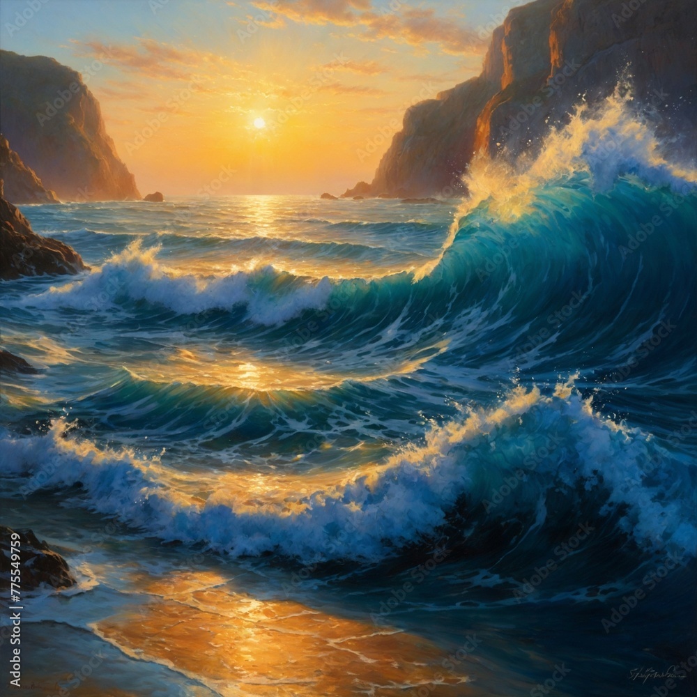 The surging waves crash towards the shore from the right, with land ...