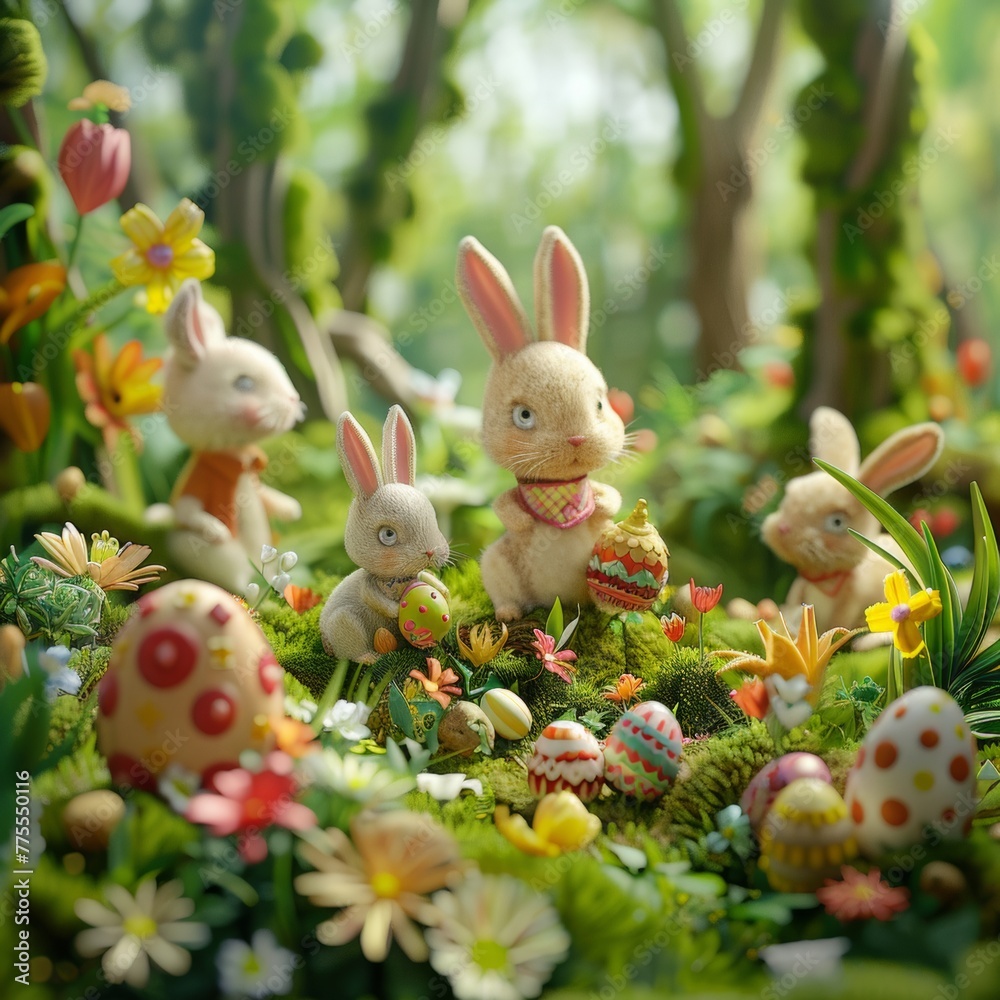 Woodland creatures 3D scene bunnies and friends with nature-themed eggs ...