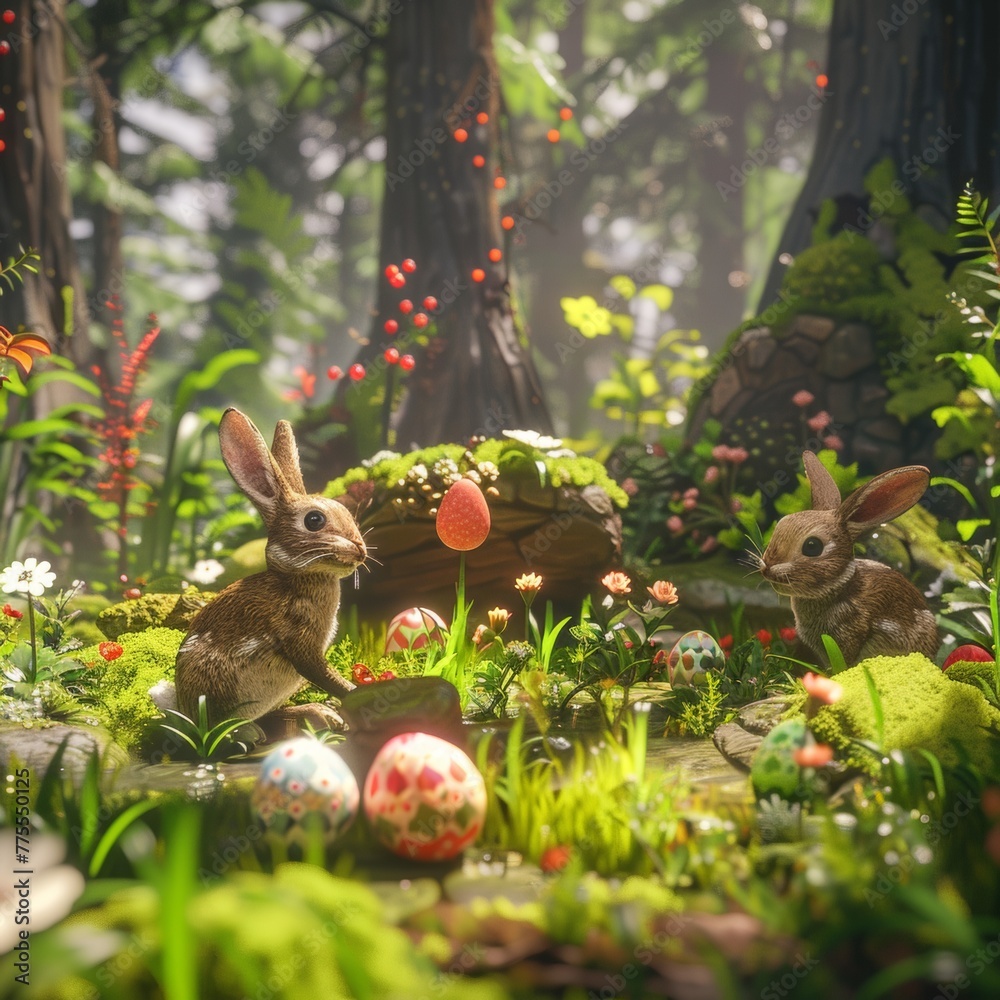 Woodland creatures 3D scene bunnies and friends with nature-themed eggs ...