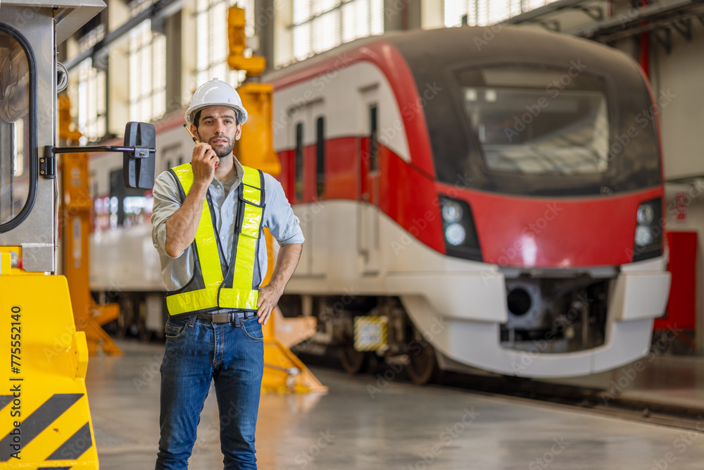 Electric train technician engineer checking controls system for ...
