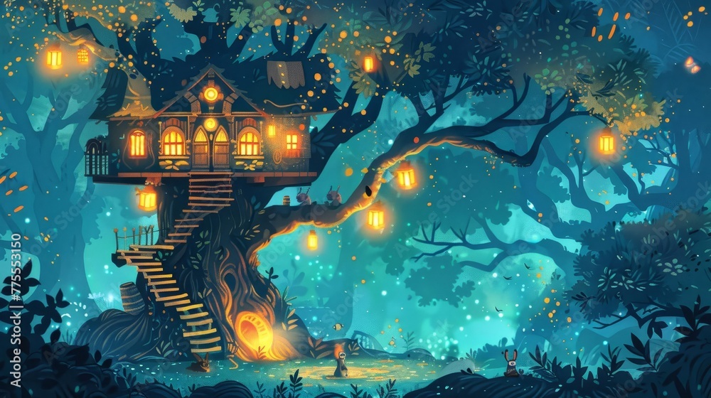 Enchanting vector illustration of a whimsical tree house nestled in the ...