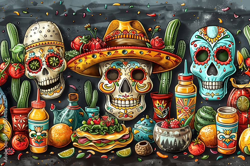 Traditional Mexican symbols: chili, sugar skull, taco and others ...