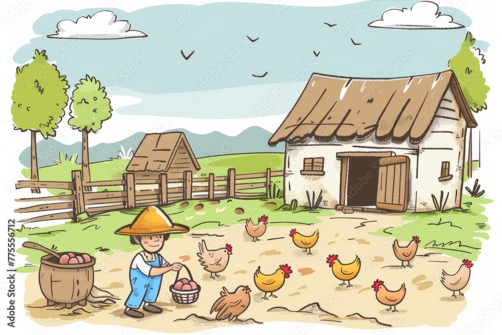 Cartoon cute doodles of an Asian farmer feeding chickens and collecting ...