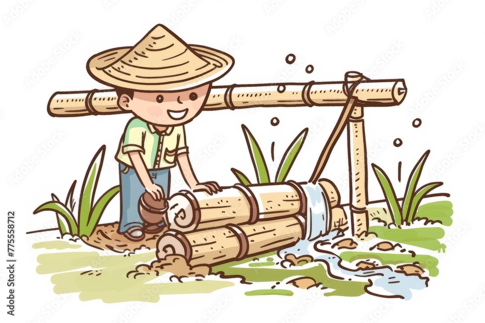 Cartoon cute doodles of an Asian farmer repairing a traditional ...