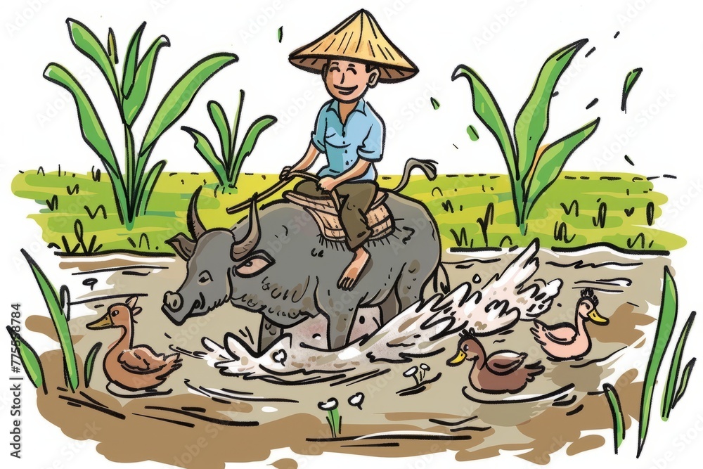 Cartoon cute doodles of an Asian farmer riding a water buffalo through ...