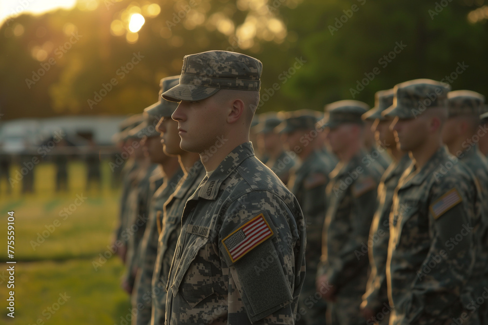 A group of soldiers stand in a line, all wearing the same uniform ...