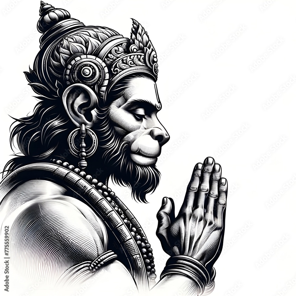 Black and white sketch style illustration of hanuman in a respectful ...