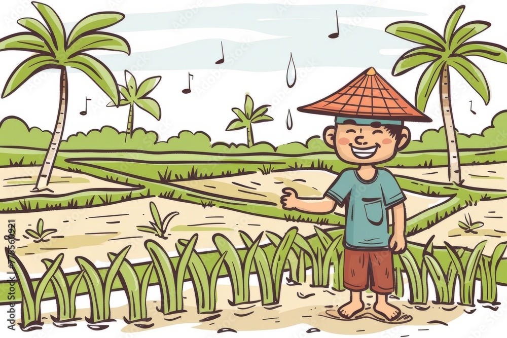 Cartoon cute doodles of an Asian farmer tending to rows of rice paddies ...