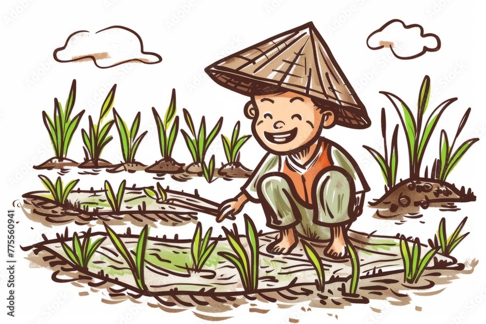 Cartoon cute doodles of an Asian farmer tending to rows of rice paddies ...
