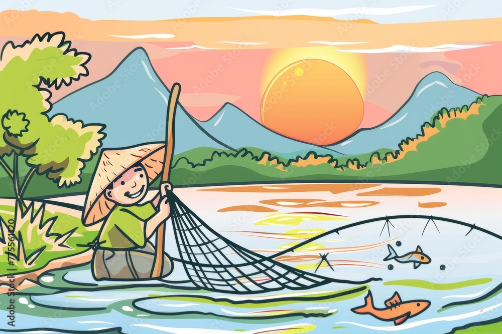 Cartoon cute doodles of an Asian farmer using a traditional fishing net ...