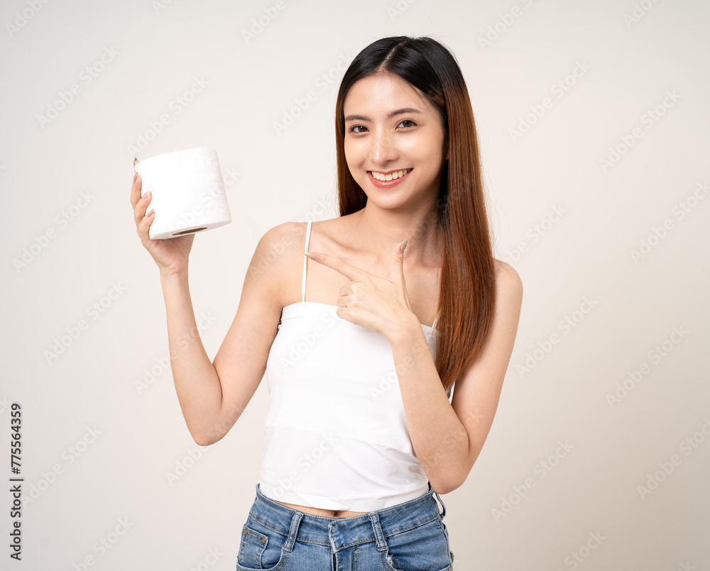 Beautiful young asian woman holding tissue paper go to toilet. Charming ...
