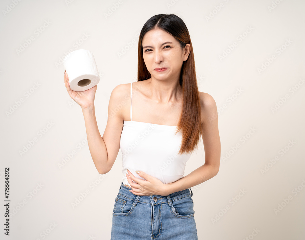 Beautiful young asian woman holding tissue paper go to toilet. Charming ...