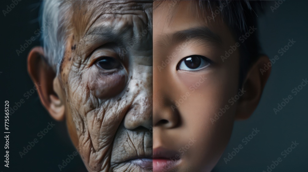 The face is divided into two halves - half of an Asian boy and half of ...