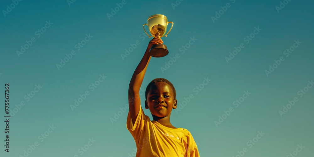 African American child kid holding golden cup trophy close-up ...