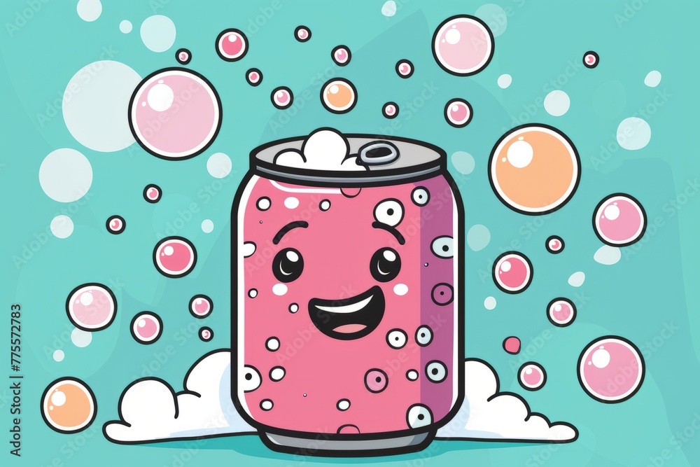 Cartoon cute doodles of a bubbly soda can with a smiling face ...