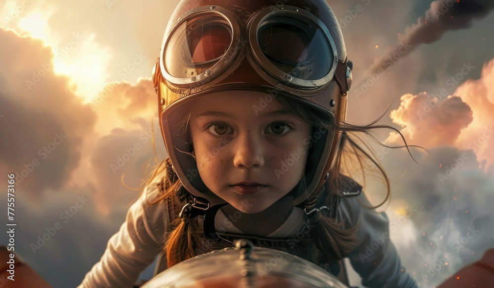 Little girl flying in the sky with a hat, imaginative children flying ...