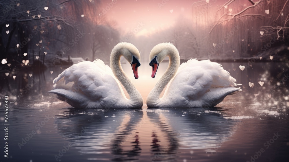 Serene embrace: two swans in love, a graceful display of adoration and ...