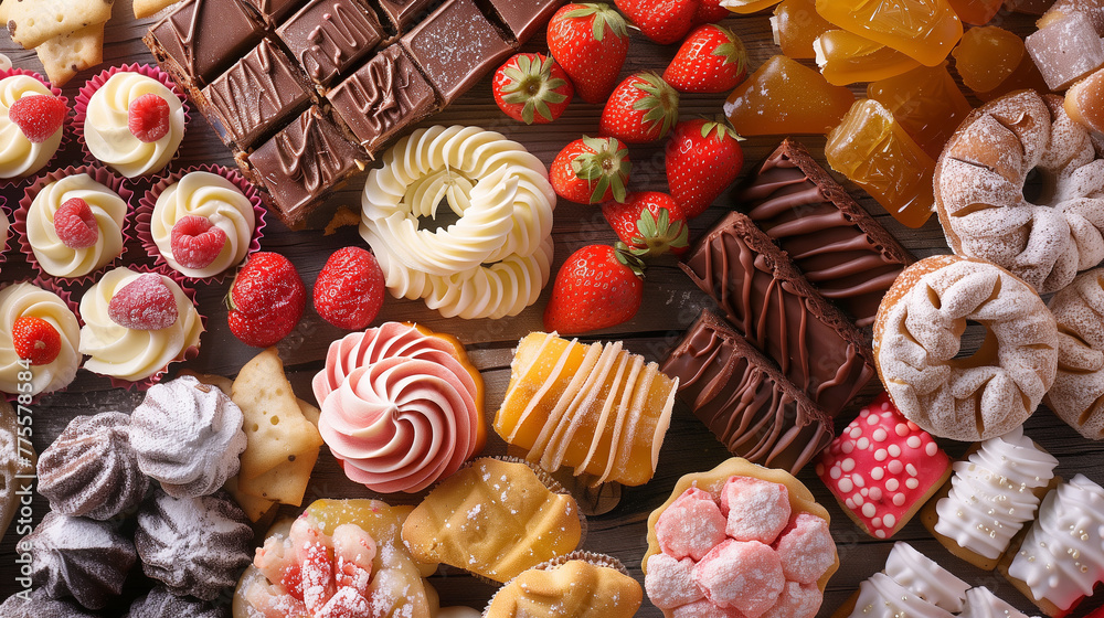 Bunch of different types sweets, candy background snack variation ...