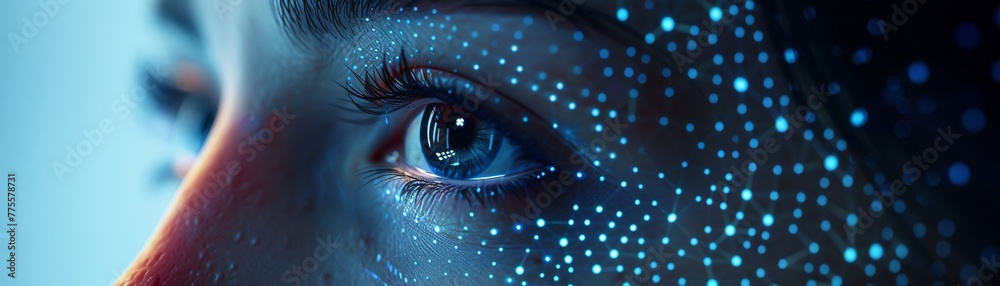 Persons face being scanned by advanced digital technology, highlighting ...