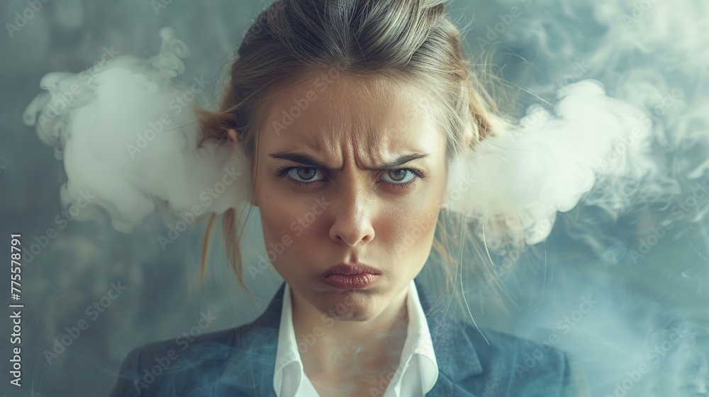 A depiction of a furious young woman in business attire, emitting steam ...