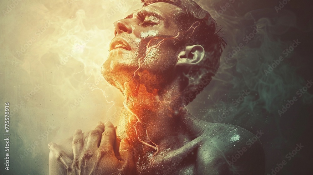 An individual clutching their chest in pain, with a look of anguish on ...