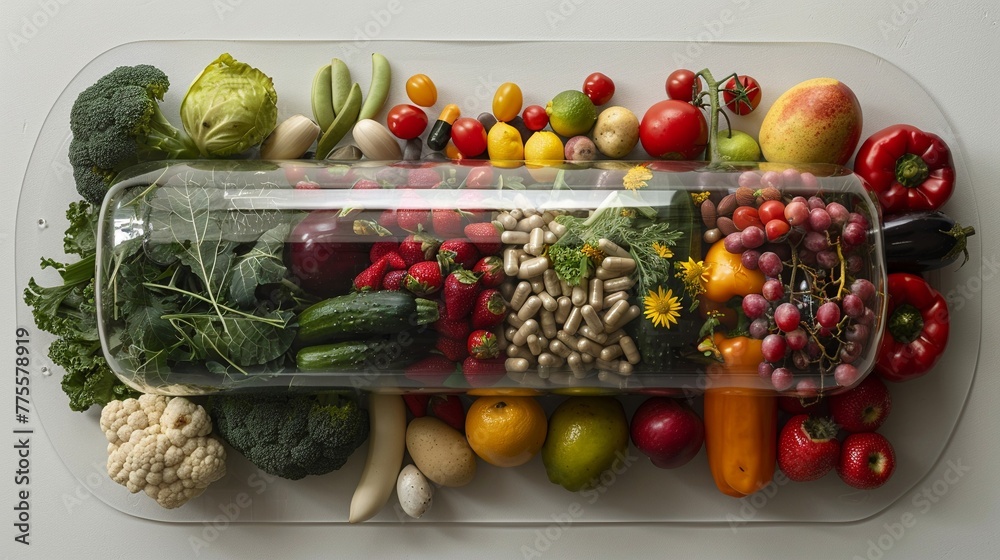 Clear capsule overflowing with essential multivitamins and dietary ...