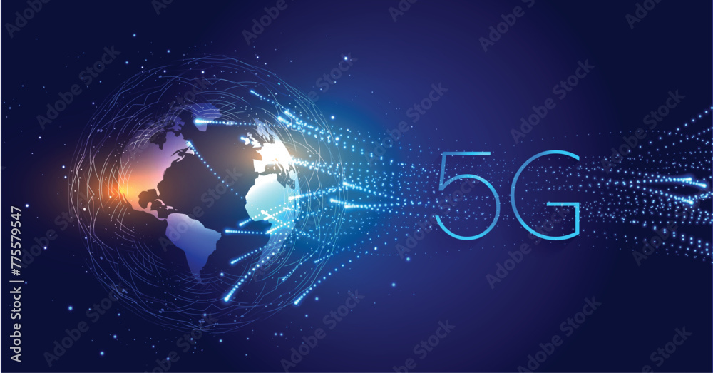 5G Network Label with Earth Globe, World Map, Laptop Symbol and ...