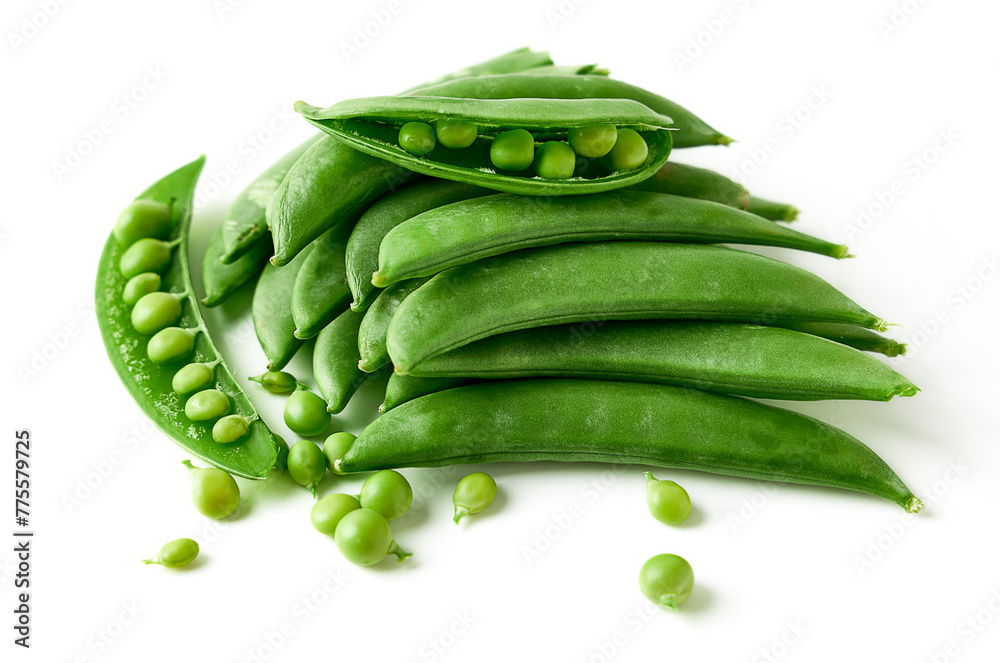 Pile of Sugar snap pea and peeled with seed inside isolated on white ...