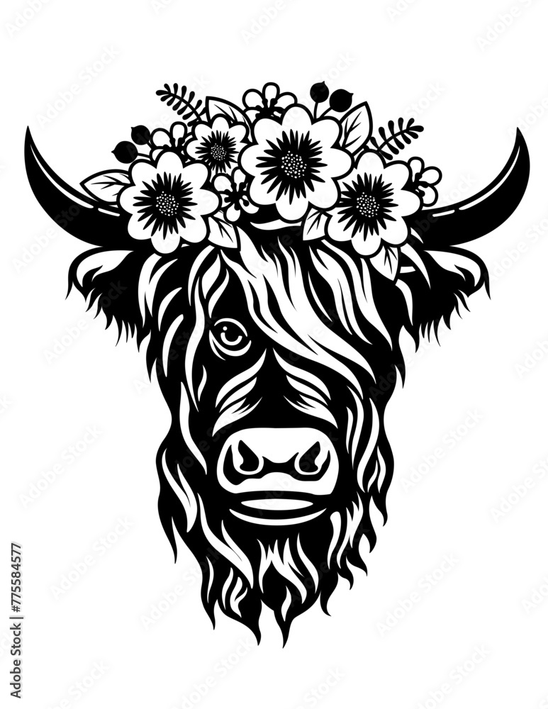 Floral Highland Cow Illustration, Cow Stencil, Highland Cow Vector ...