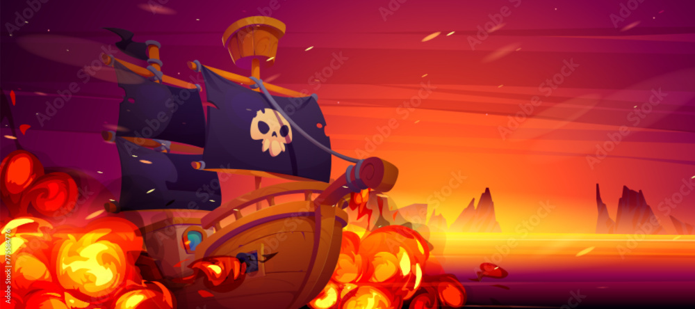 Pirate ship during battle in sea or ocean. Cartoon vector illustration ...