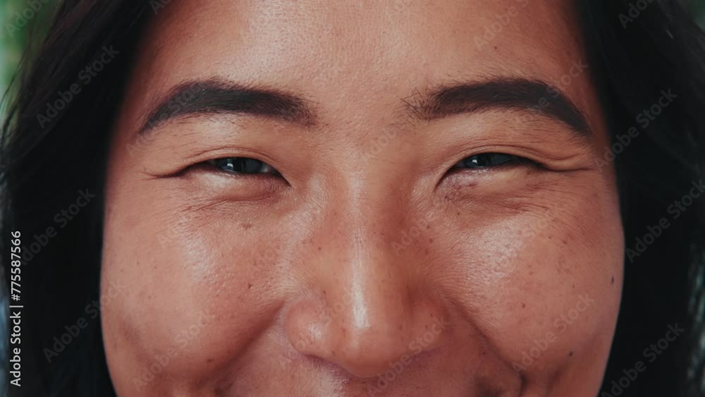 Portrait of Asian Woman Face and Happy Eyes Looking at Camera in Close ...