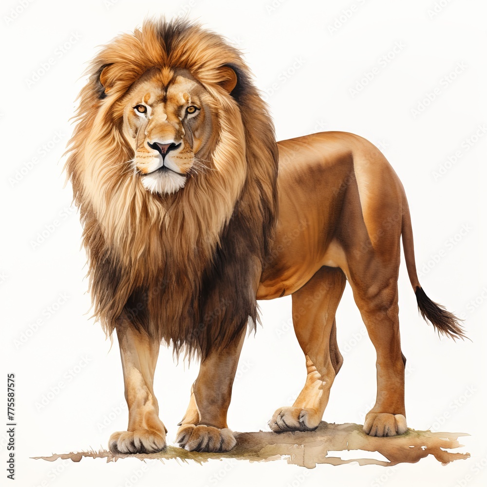 A standing male lion watercolor clipart illustration on white ...