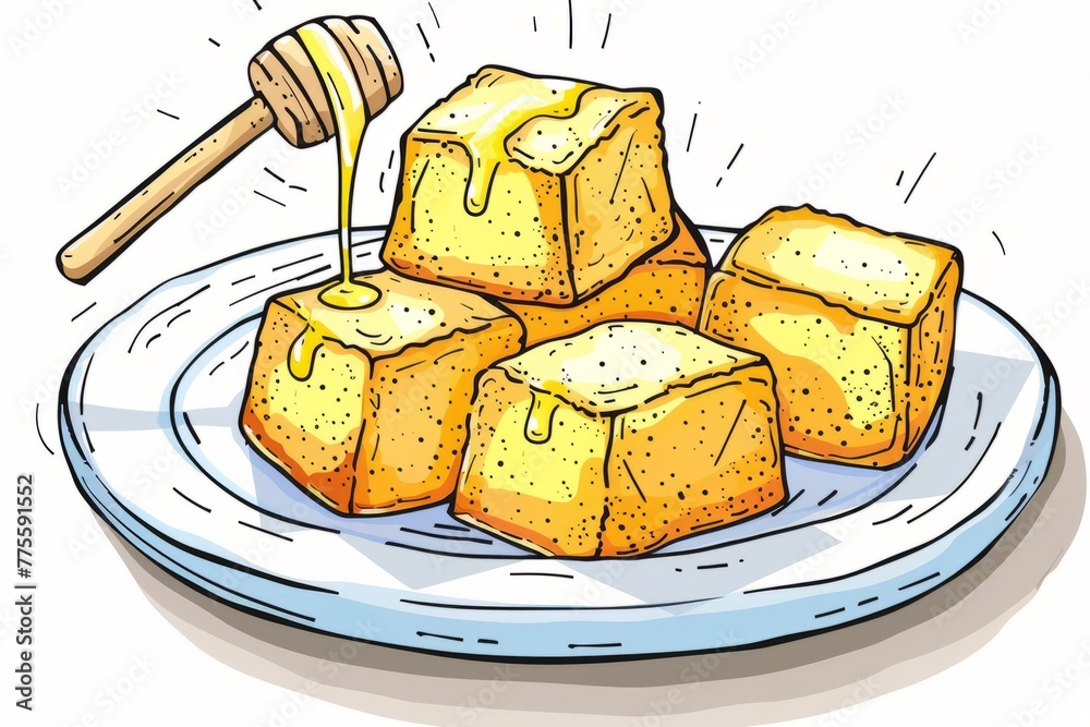 Cartoon cute doodles of a contented plate of buttery cornbread with ...