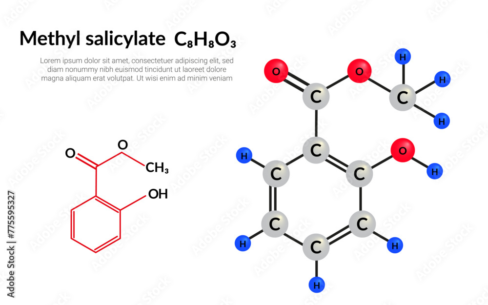 Methyl salicylate (wintergreen oil) C8H8O3 molecular structure formula ...