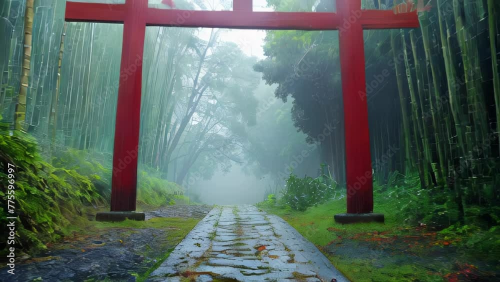 In a deep forest, a red torii gate stands on a path shrouded in mist ...