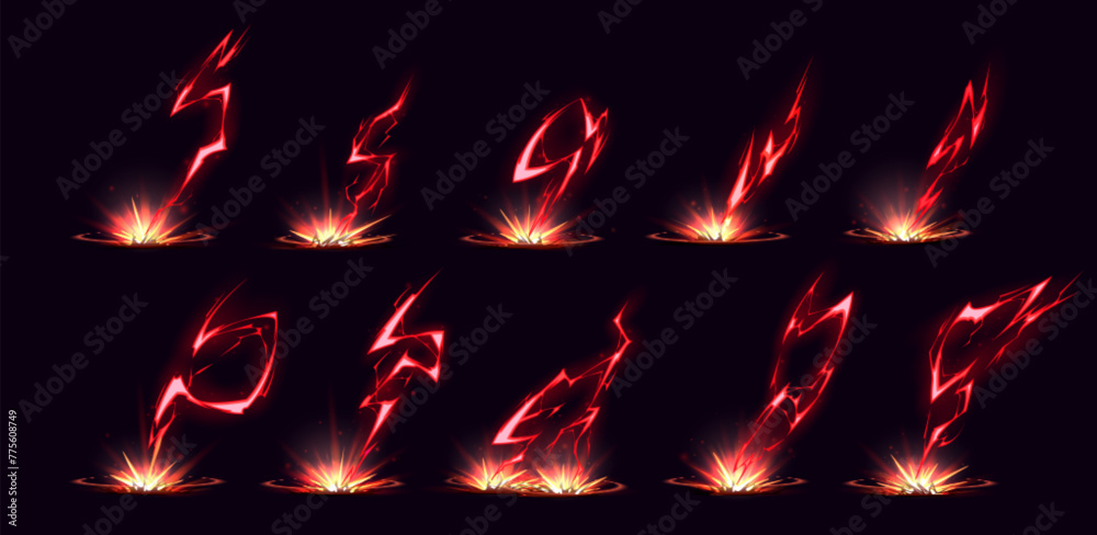Red lightning strikes set isolated on black background. Vector cartoon ...