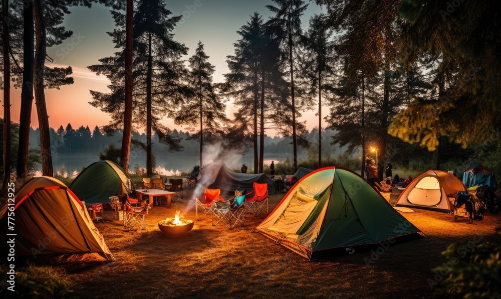 Tents at amazing camping site in the forest near the lake. Camping ...