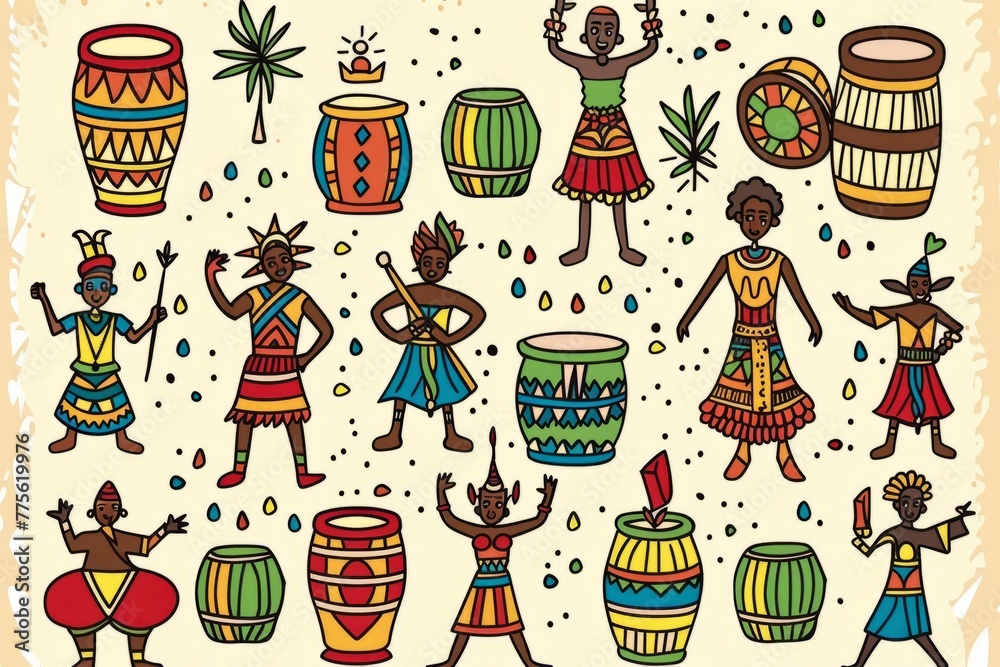 Cartoon cute doodles of a traditional African tribal gathering with ...