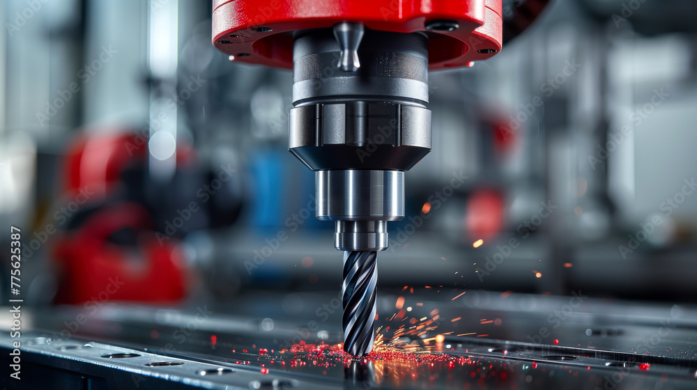 Drilling machine with sparks, close-up. Industrial background. Shallow ...