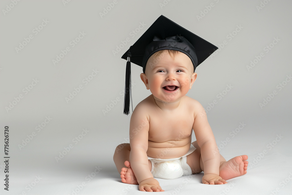 Cute baby with big smile in diapers and graduation hat isolated on ...
