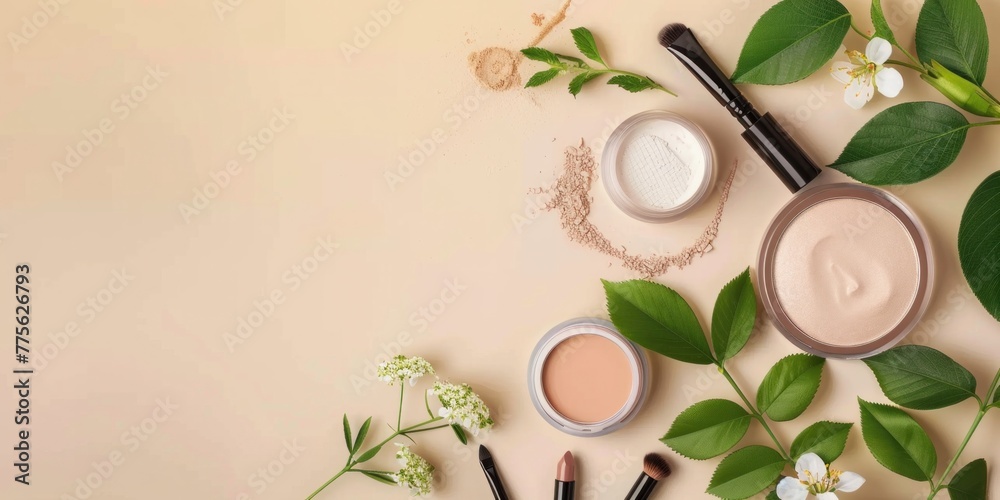 Make professional cosmetics on beige background. Cream, powder, shadow ...