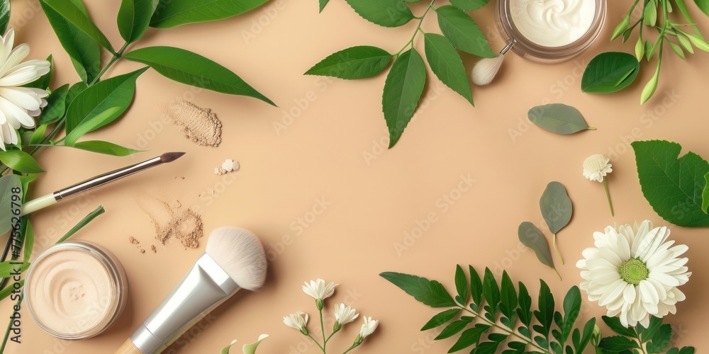 Make professional cosmetics on beige background. Cream, powder, shadow ...