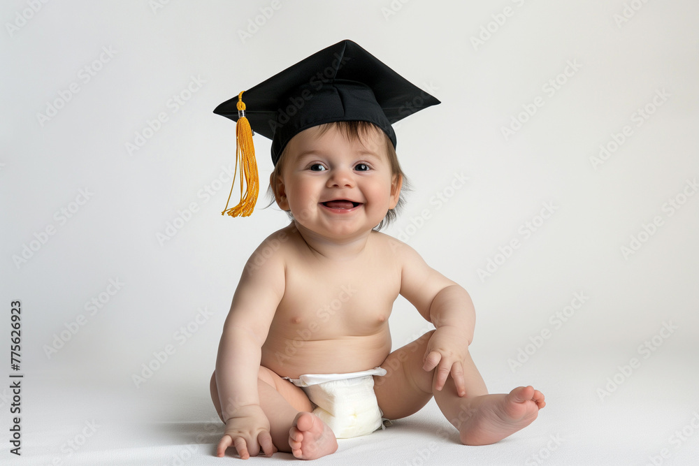 Beautiful baby with cute smile in diapers and graduation hat isolated ...