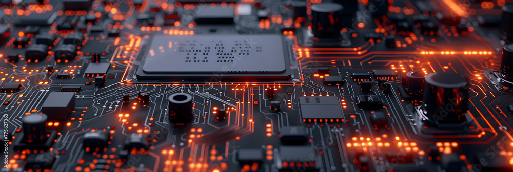 Complex circuit board with glowing elements, Complex circuit board ...